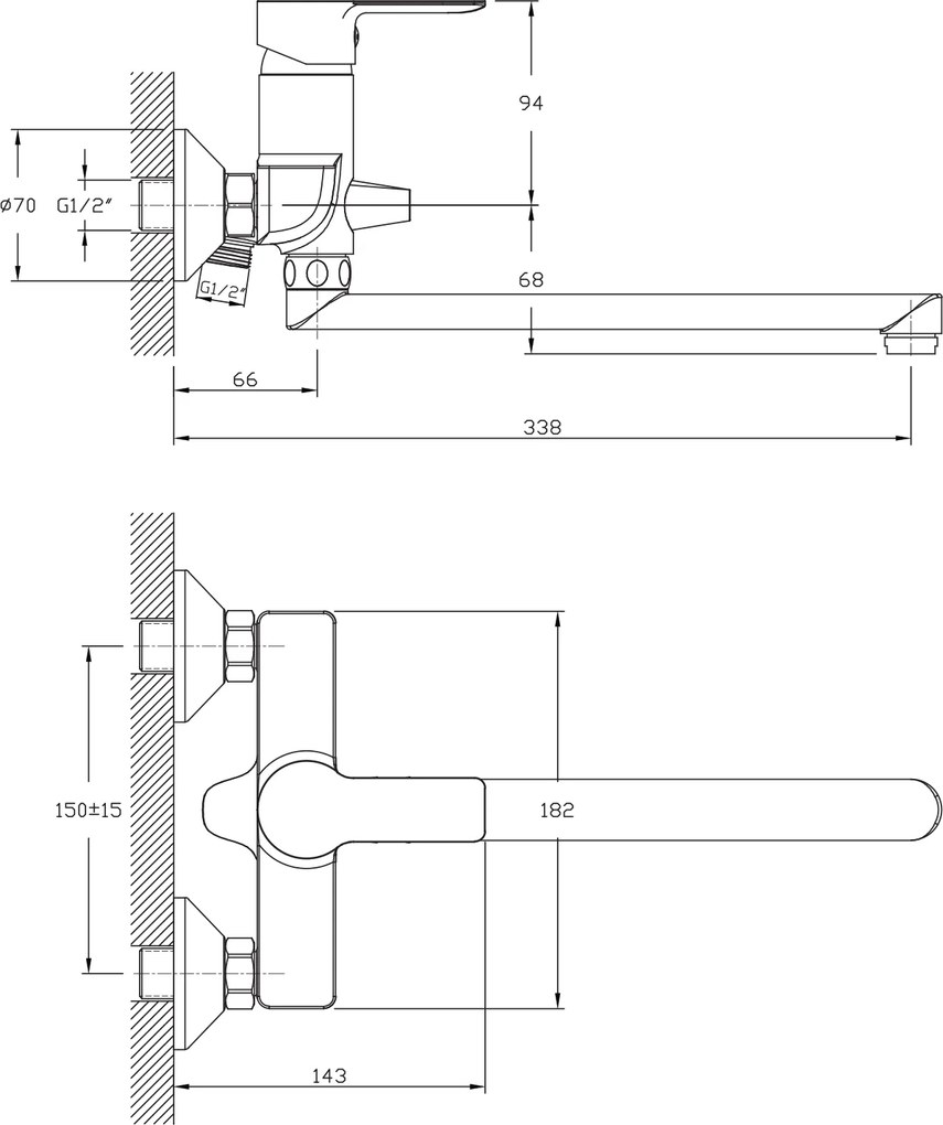 Bruckner Baron vanová baterie nástěnná 150 mm s otočným ramínkem chrom 612.025.1