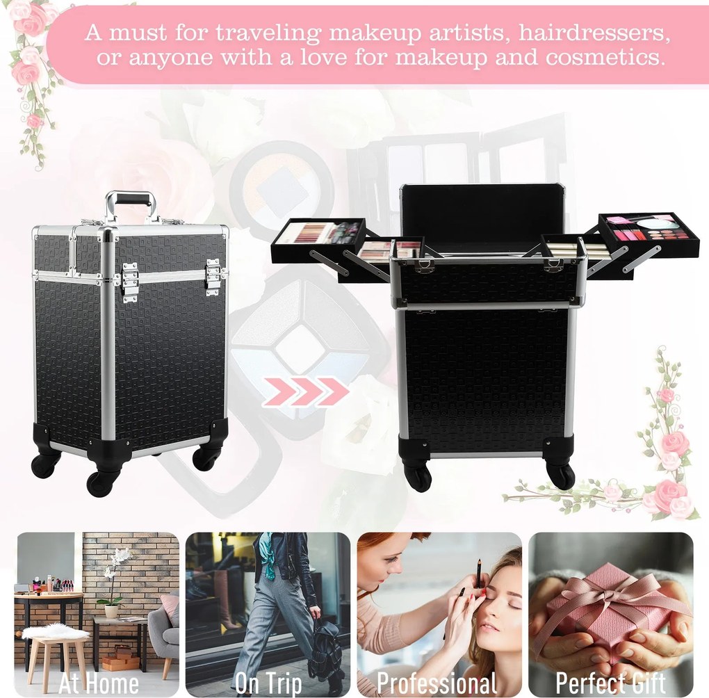 HOMCOM Kosmetický Vozík na Make-up s Telescopickým Držadlem - Nastavitelný, 34L x 24W x 52H cm, Hliník Černý