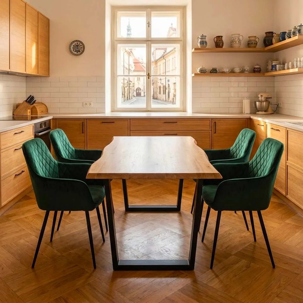 Vikio Jídelní set pro 4 osoby 160x90 cm dub noha U zelená židle s područkami VJS166-4Z