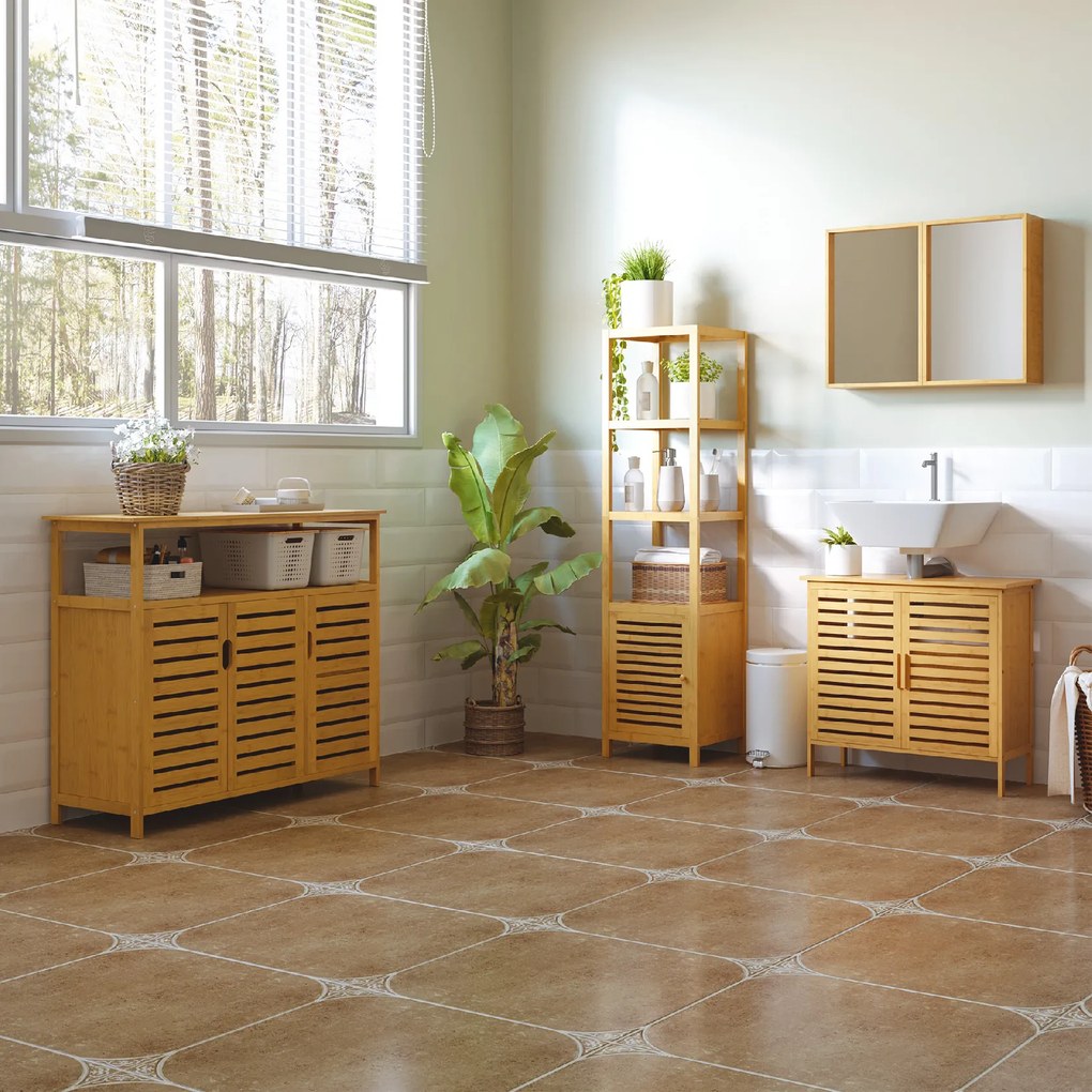 HOMCOM Koupelnová skříňka se 3 otevřenými přihrádkami z bambusu, toaletní skříňka přírodní 36x33x140cm pro optimální skladování