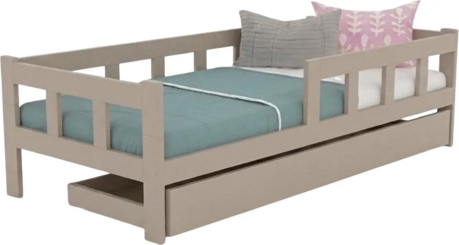 Benlemi Dřevěná jednolůžková postel FENCE 4v1 se zábranou a úložným šuplíkem Zvolte barvu: Světle šedá, Zvolte rozměr: 80x200 cm, Zvolte zábranu: S jednou zábranou vlevo
