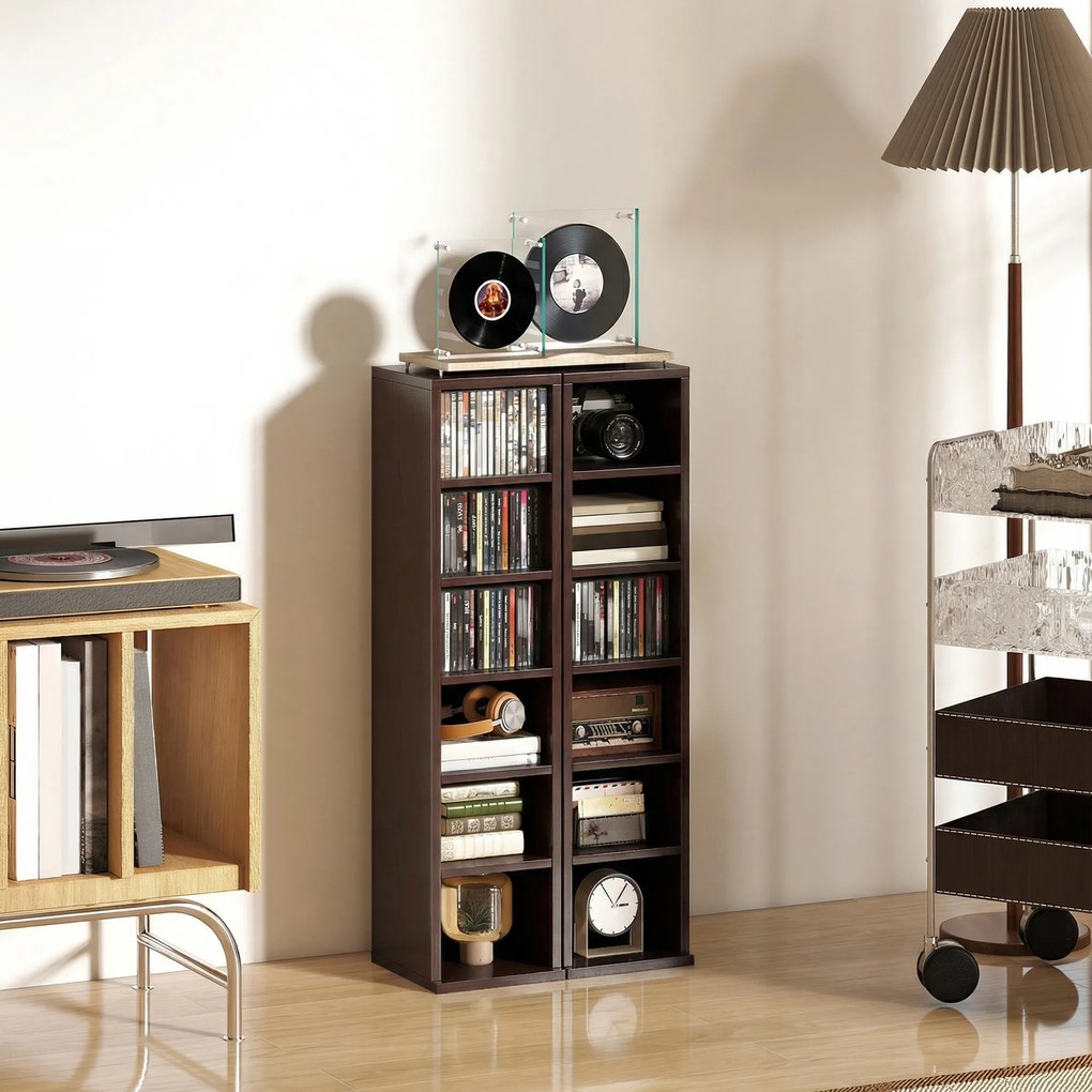 HOMCOM 2dílná sada sloupových regálů, úložný prostor na CD a DVD, 12 přihrádek, 21 x 22,5 x 88,5 cm, kapacita 204 CD, hnědá