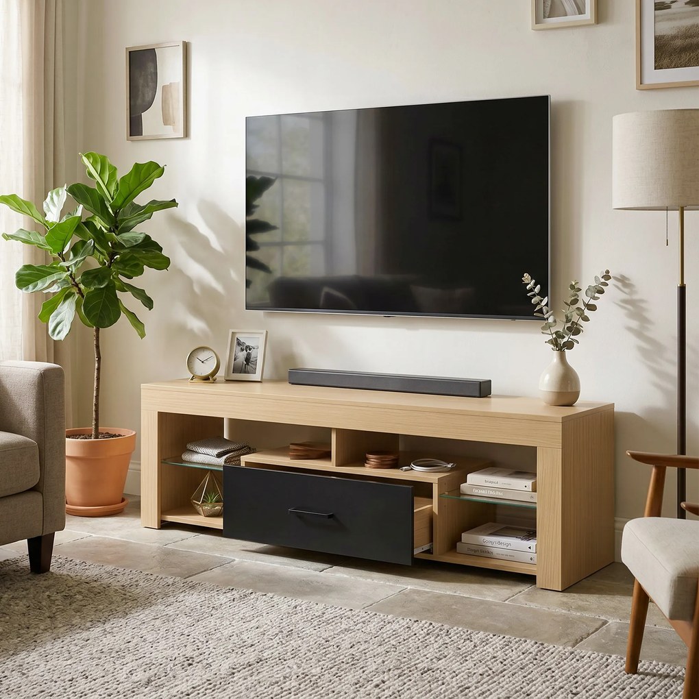 HOMCOM TV nízká komoda pro televizi až 65 palců, moderní televizní skříňka s nastavitelnými skleněnými policemi, dub