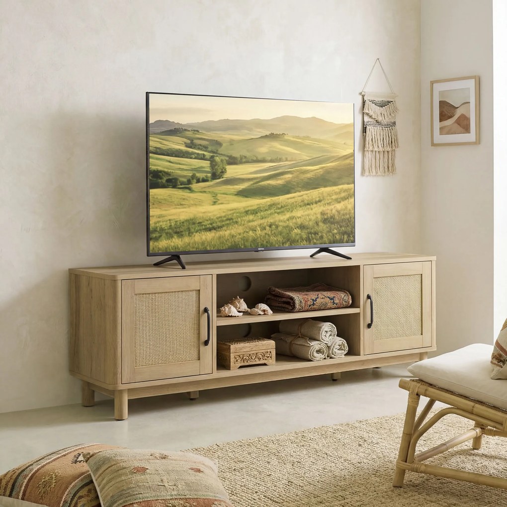 HOMCOM TV nábytek 135 cm, TV nábytek pro televize až do 165,1 cm s 2 ratanovými dveřmi, 2 otevřenými přihrádkami, dub