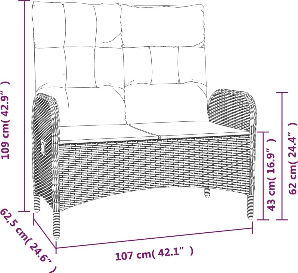 vidaXL Polohovací zahradní lavice s poduškami 107 cm polyratan [319894] Barva: Černá