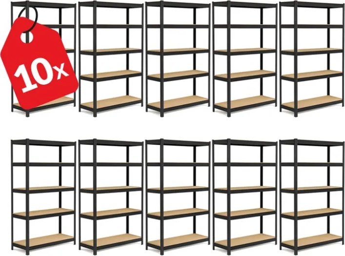 Akce 10x Regál 183x60x40 cm lakovaný 5-policový, nosnost 100 kg, RIVET - černý