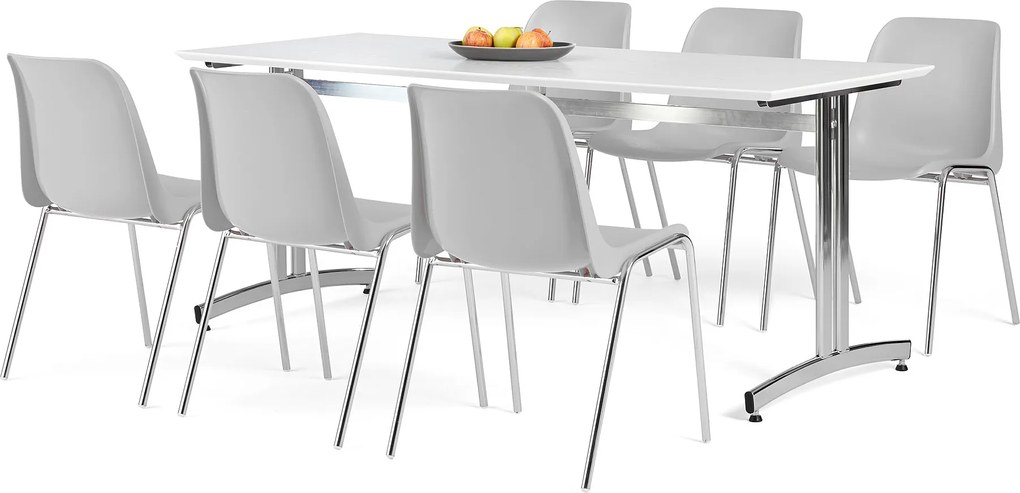 AJ Produkty Jídelní sestava: stůl 1800x700 mm, bílá + 6 židlí, šedá/chrom