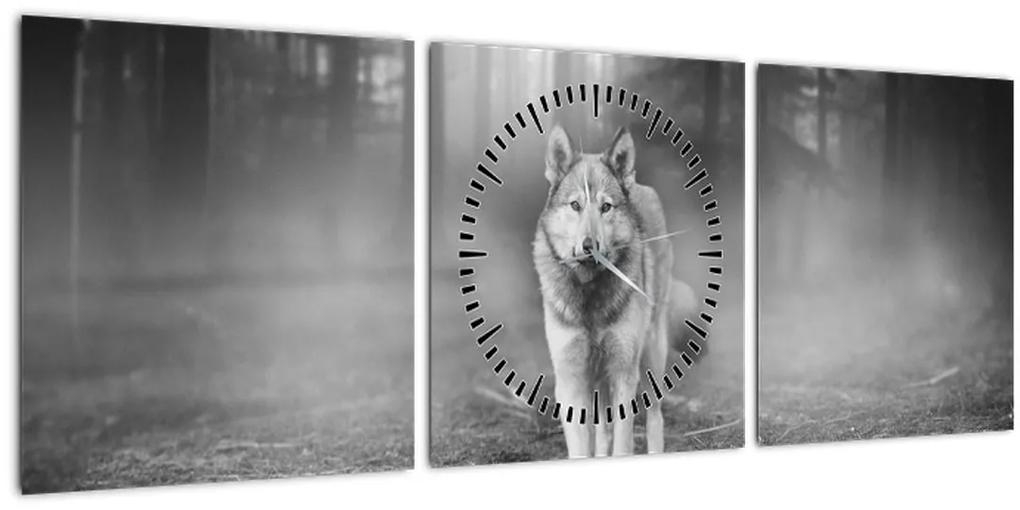 Obraz - Strážce lesa, černobílý (s hodinami) (90x30 cm)
