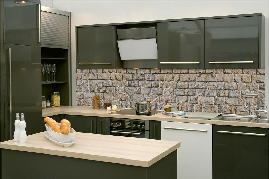 DIMEX | Fototapeta do kuchyně Zeď z kamenných bloků KI-260-251 | 260 x 60 cm | hnědá, šedá, béžová