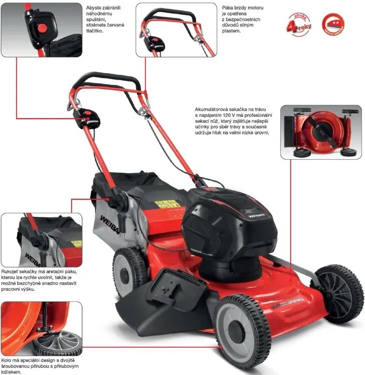 Aku sekačka Weibang WB 502 SE 6in1 s pojezdem, včetně baterie 4 Ah / 120 V