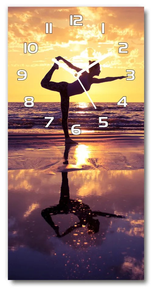 Wallmuralia Nástěnné skleněné hodiny Joga na pláži 30x60 cm