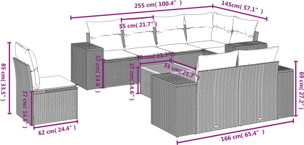 9dílná zahradní sedací souprava s poduškami béžová polyratan 3257872