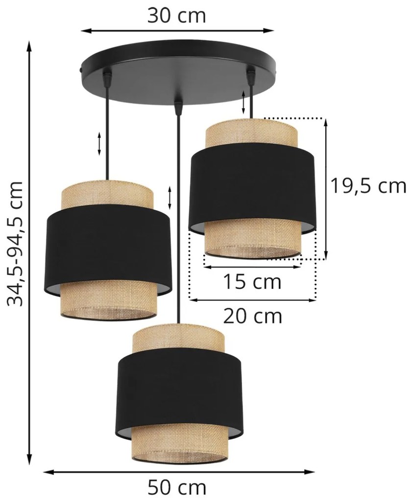 Závěsné svítidlo Boho, 3x jutové/černé textilní stínítko, o
