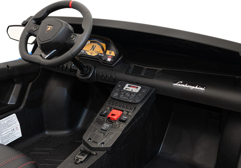 Ramiz Elektrické auto Lamborghini Aventador SV pro 2 děti Modré + Bezkartáčový motor + Nafukovací kola + LED audio