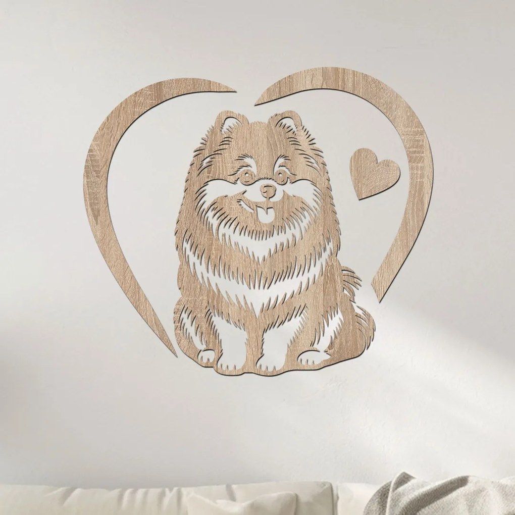 dřevo života Dřevěný obraz psa Pomeranian v srdci Rozměry (cm): 40x35, Zvolte barvu dekoru: Dub Sonoma