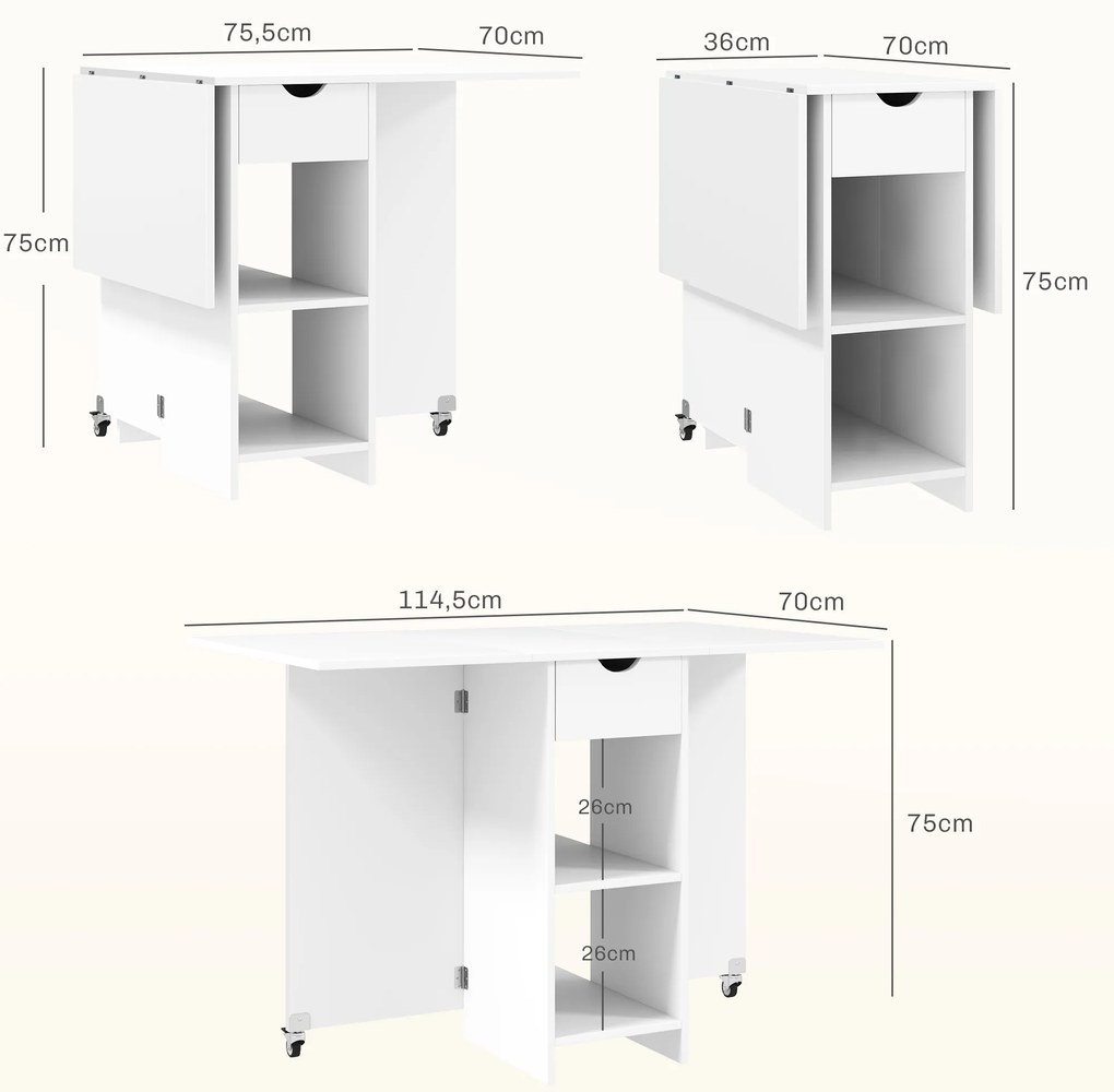 HOMCOM Rozkládací jídelní stůl Pojízdný kuchyňský stůl pro 2-4 osoby s otevřenými policemi, 1 zásuvka, rozkládací stůl do malých místností, jídelna 1…