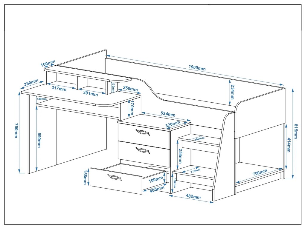 Vomaks unit, s.r.o. Patrová postel SPEYS, 70 x 190 cm, s psacím stolem a komodou Barva: antracit + dub tacho