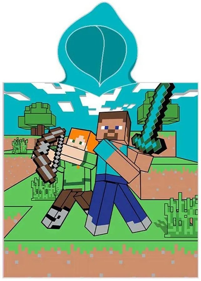 Dětské plážové pončo - osuška s kapucí Minecraft - motiv Alex a Steve - 100% bavlna - 50 x 115 cm / pro děti 3 - 6 let