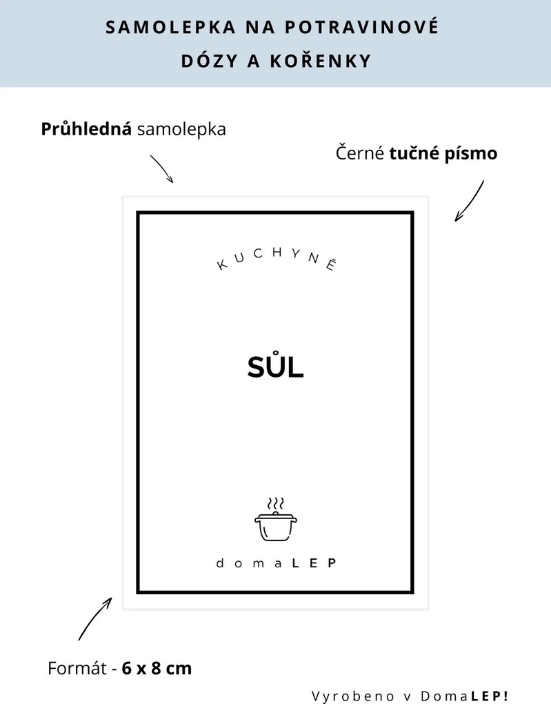 SŮL – průhledná samolepka na dózu, tučné písmo, 6 x 8 cm | DomaLEP