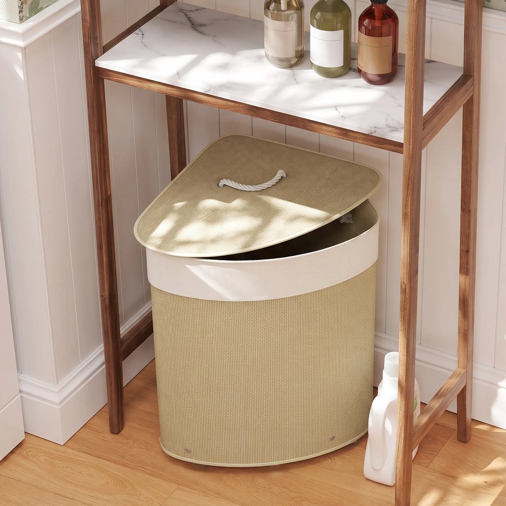 Koš na prádlo HOMCOM z bambusu, 55 l – trojúhelníkový rohový design s odnímatelnou pratelnou vložkou, víkem a madlem, 35 x 60 cm, přírodní