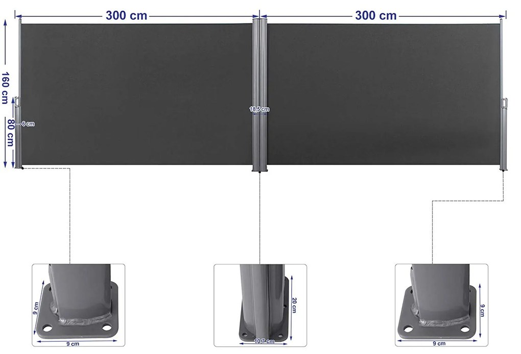 Dvoustranná boční markýza 160x600 cm kouřově šedá