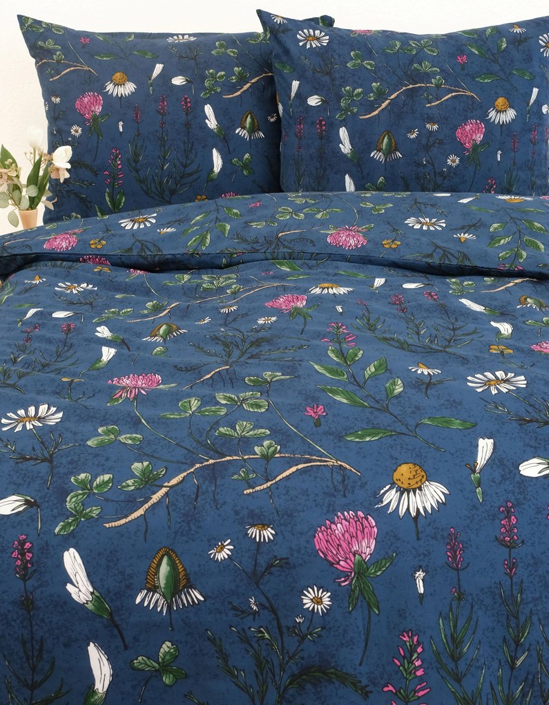 MK Lůžkoviny Prodloužené bavlněné povlečení Renforcé - Herbář tmavě modrý 140 × 220 cm, 70 x 90 cm