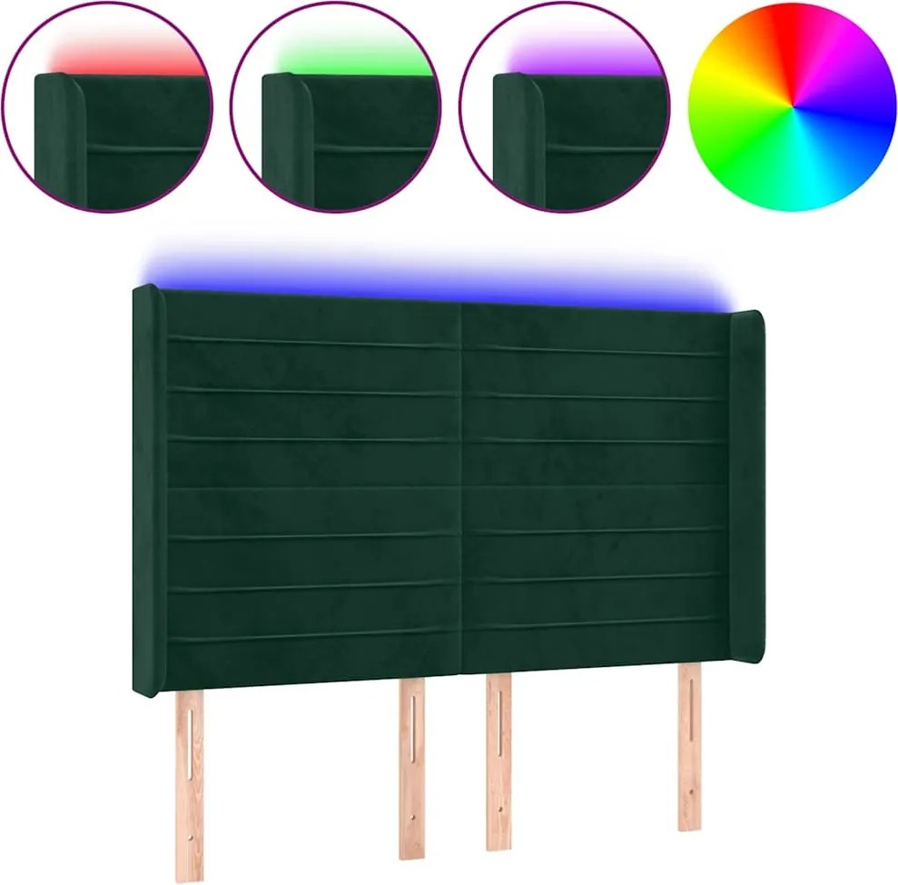 Čelo postele s LED tmavě zelené 147 x 16 x 118/128 cm samet 3124239