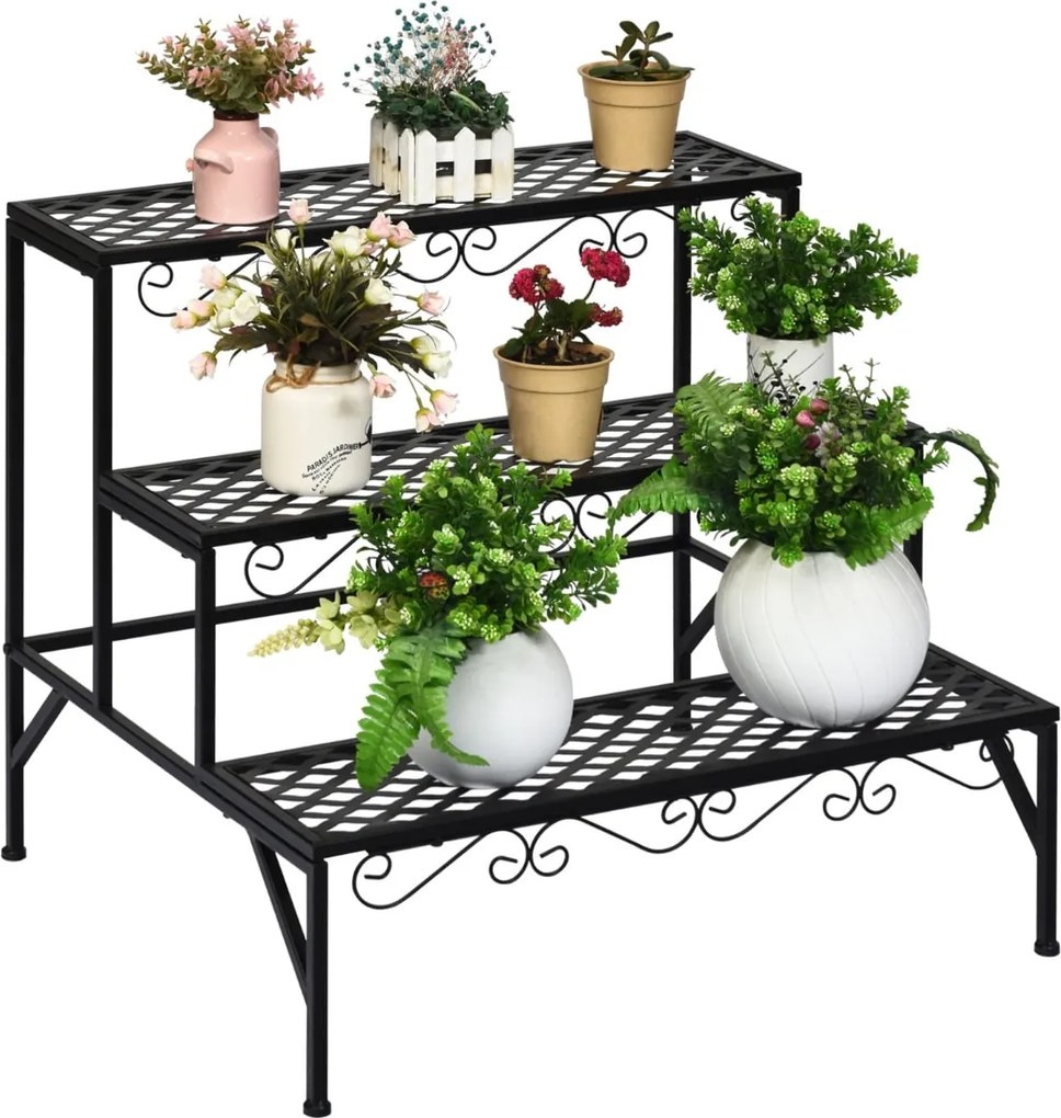 Costway Flower Rack 3-vrstvý kovový stojan na rostliny – 70 × 60 × 60 cm, černý