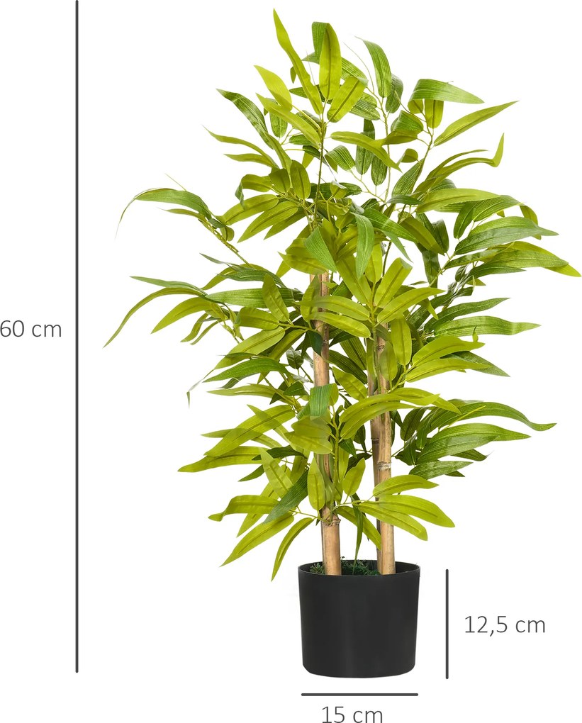 HOMCOM Umělá dekorativní rostlina z bambusu, výška 60 cm - Kmen, větve, mechy, listy, vysoce realistický květináč, černozelený