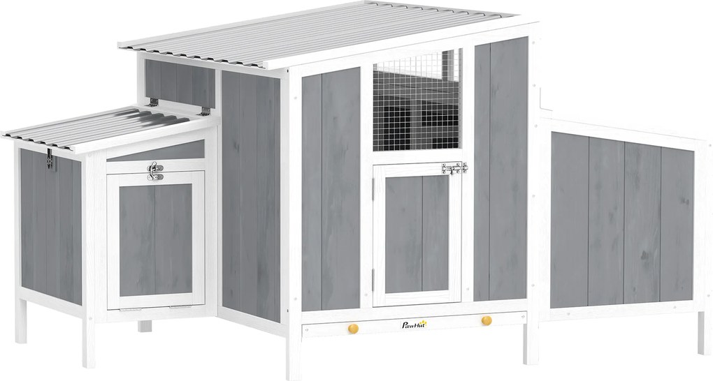 PawHut dřevěný kurník se výběhem, 145 x 90 x 92 cm — zvýšený, střecha z PET, zamykací dvířka, hnízdní box a bidýlka pro 3–4 slepice, šedý