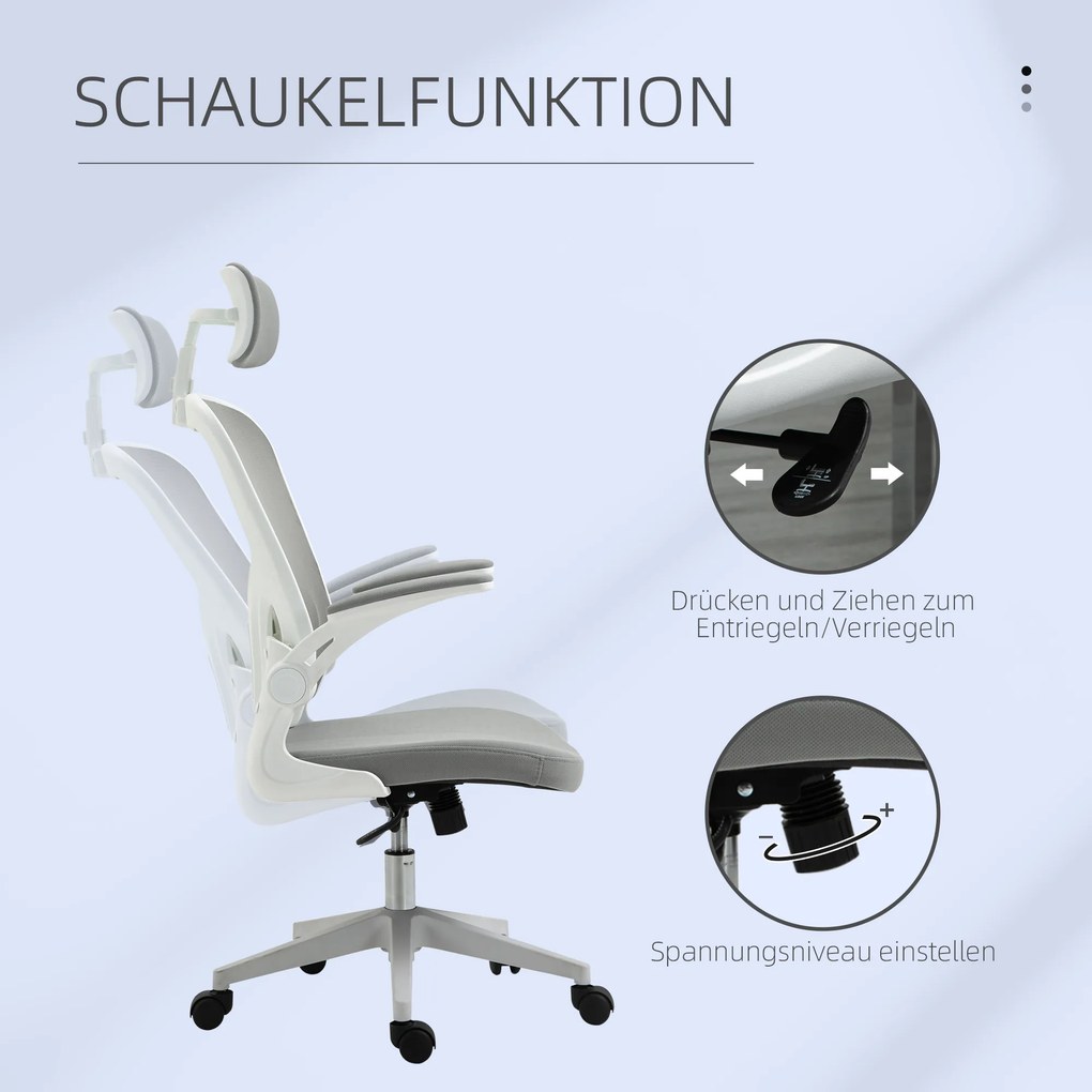 Kancelářská židle Vinsetto ergonomická kancelářská židle s opěrkou hlavy a funkcí houpání, výškově nastavitelná, šedá, 65 x 64 x 114-122 cm