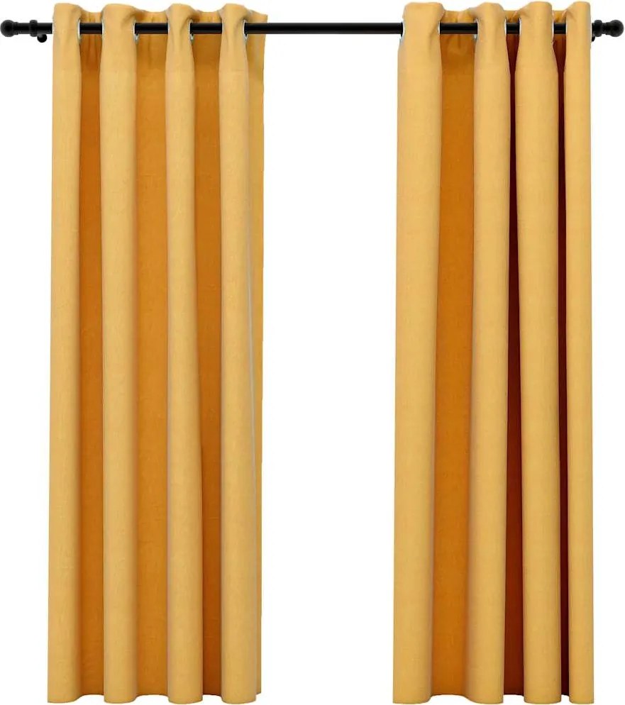 Zatemňovací závěsy s kroužky vzhled lnu 2 ks žluté 140 x 175 cm 321192