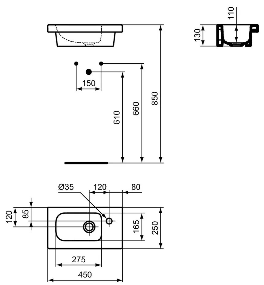 Ideal Standard Connect Space - Umývátko 450 mm (odkládací plocha vpravo), Bílá, E132101