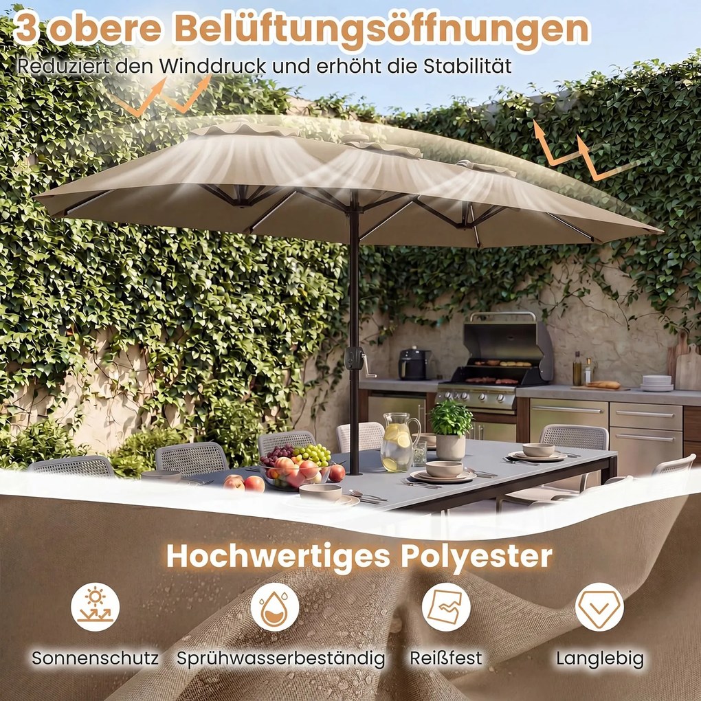 Costway Dvojitý slunečník s LED osvětlením Obdélníkový – 400 × 210 cm, hnědý