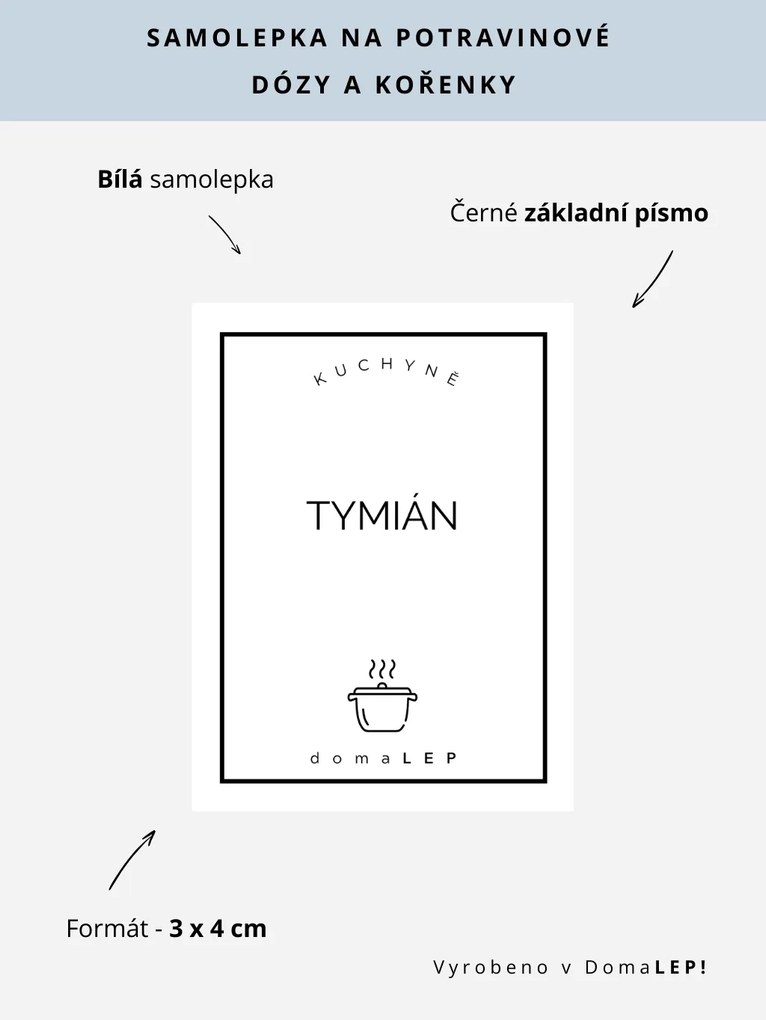 Samolepka na kořenky TYMIÁN bílá 3 × 4 cm základní písmo
