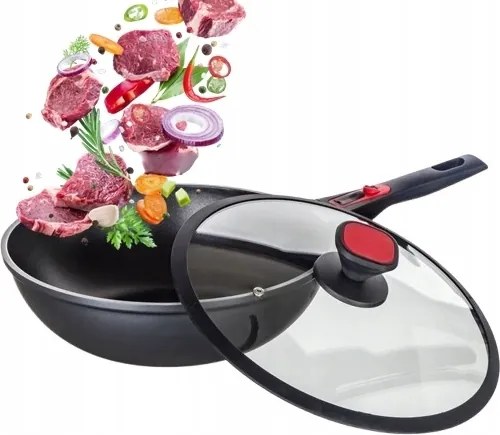 Wok Pánev s odnímatelnou rukojetí Banquet skleněná poklice 30 cm hliníková krabička