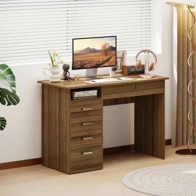 HOMCOM Počítačový stůl s 5 zásuvkami, 110 x 50 cm, stůl s úložným prostorem, otevřená přihrádka, zamykatelná zásuvka, ořech