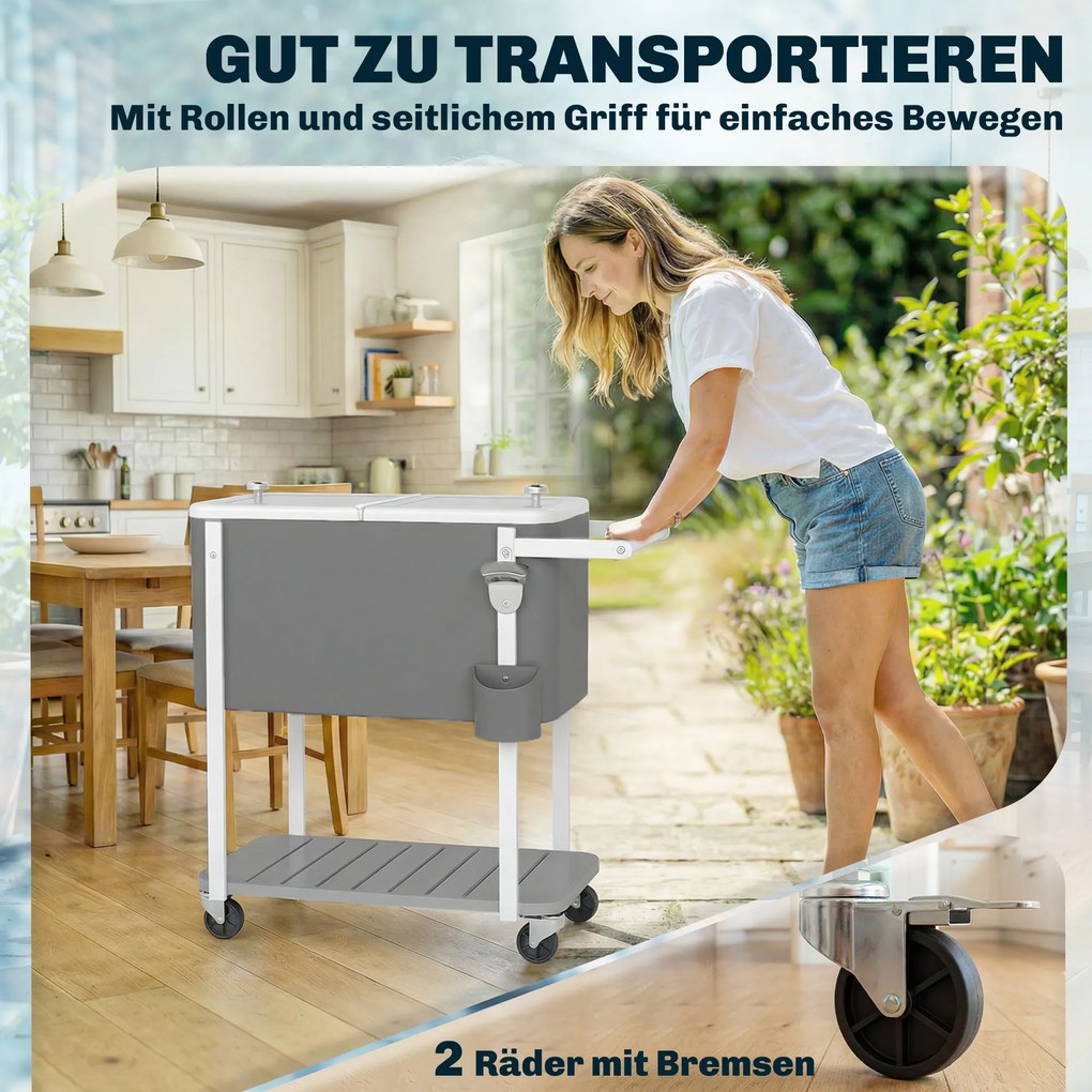 Outsunny chladicí vozík 56 l na kolečkách s policí, otvíráčem a vypouštěním — venkovní párty chladnička, 84 × 38 × 83 cm, šedá
