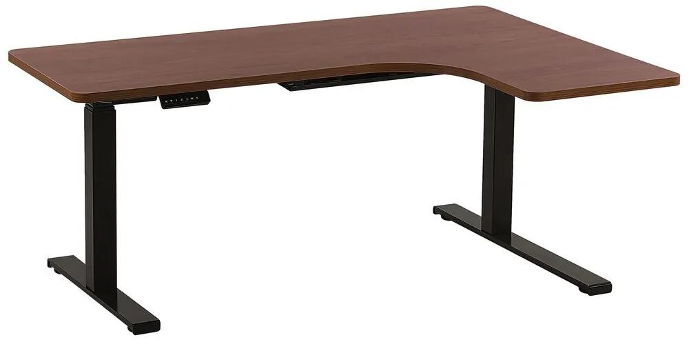 Rohový elektricky nastavitelný psací stůl pravostranný 160 x 110 cm tmavé dřevo/černý DESTIN II Beliani