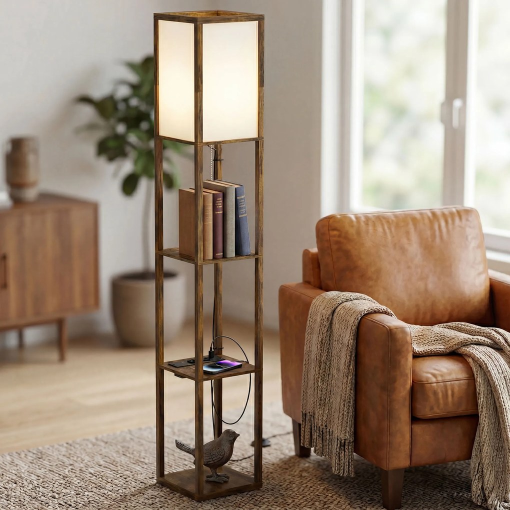 HOMCOM LED stojací lampa se 3 policemi, stojací lampa s objímkou E27, 26 x 160 cm, pro obývací pokoj/ložnici