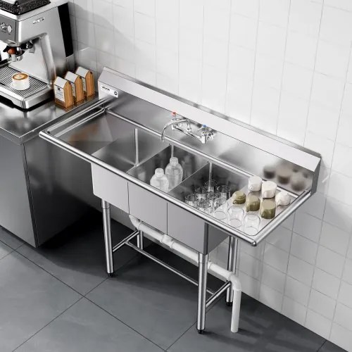 Dřez se 3 přihrádkami, Nerezová ocel 304 o průměru 18 VEVOR – 1372 × 508 × 1097 mm