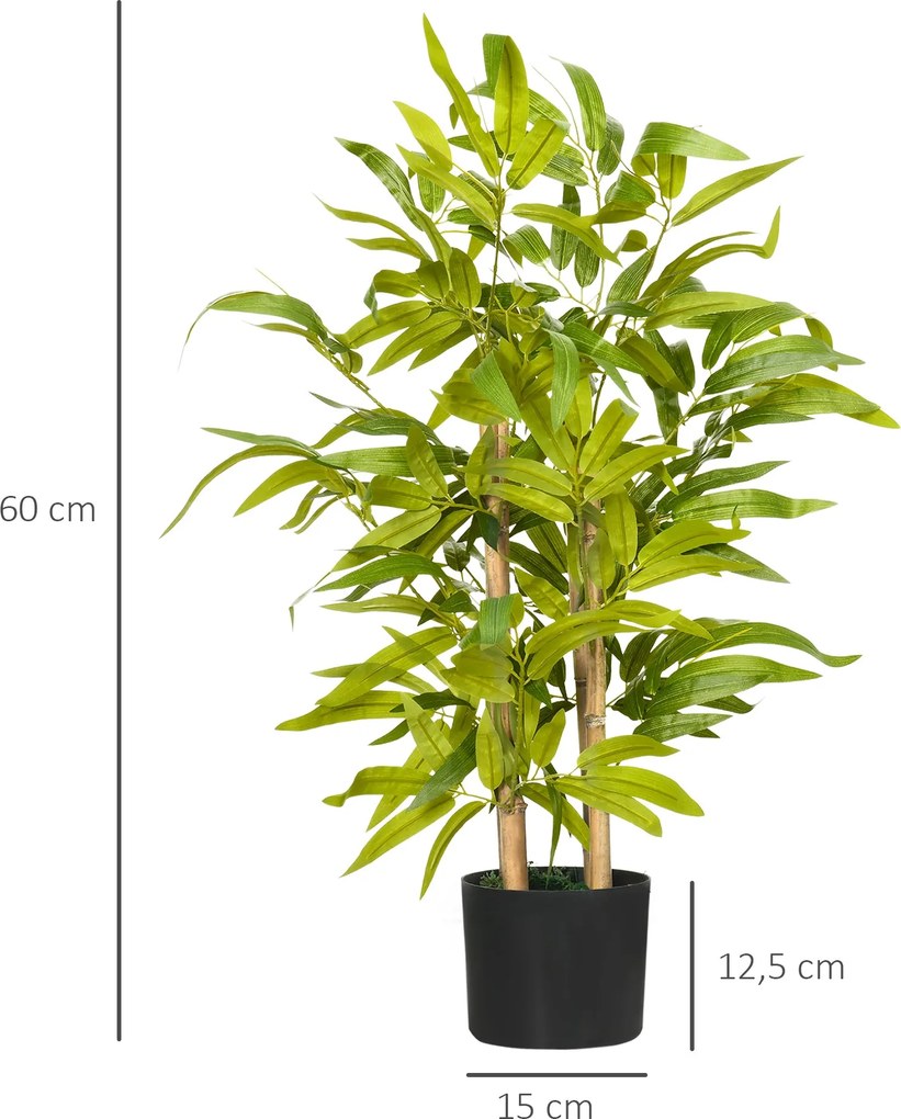 HOMCOM Umělá dekorativní rostlina z bambusu, výška 60 cm - Kmen, větve, mechy, listy, vysoce realistický květináč, černozelený