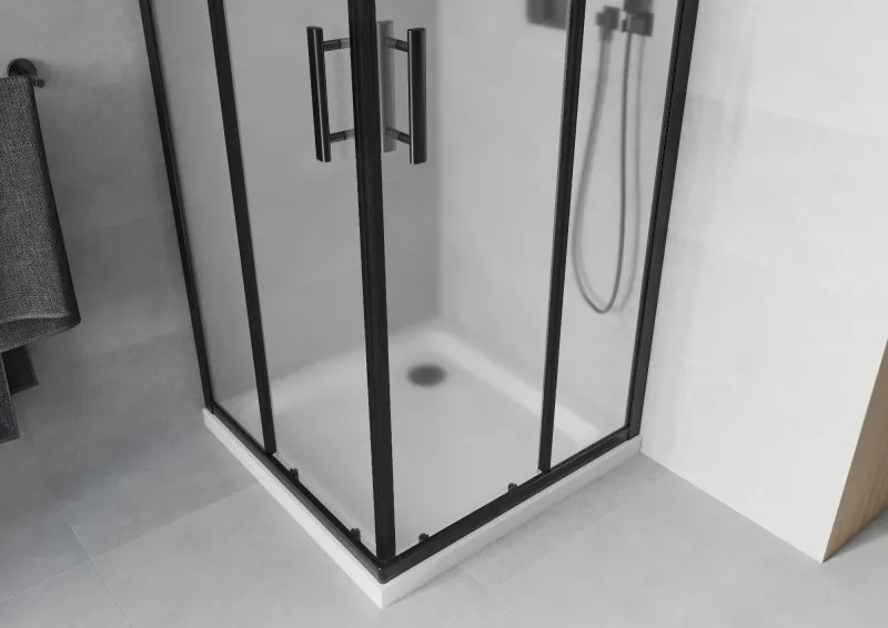 Mexen Rio, sprchový kout s posuvnými dveřmi 90x90x190 cm, 5mm sklo námraza, černý profil + bílá sprchová vanička SLIM, 860-090-090-70-30-4010B