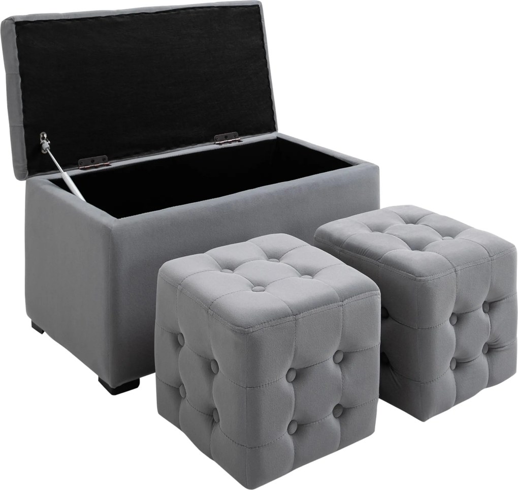 HOMCOM 3dílná sada se storage, 2 x taburety, čalouněná lavice, podnožka, úložný box, opěrka nohou, nosnost do 130 kg, mikrovlákno, pěna, 75 x 40 x 42