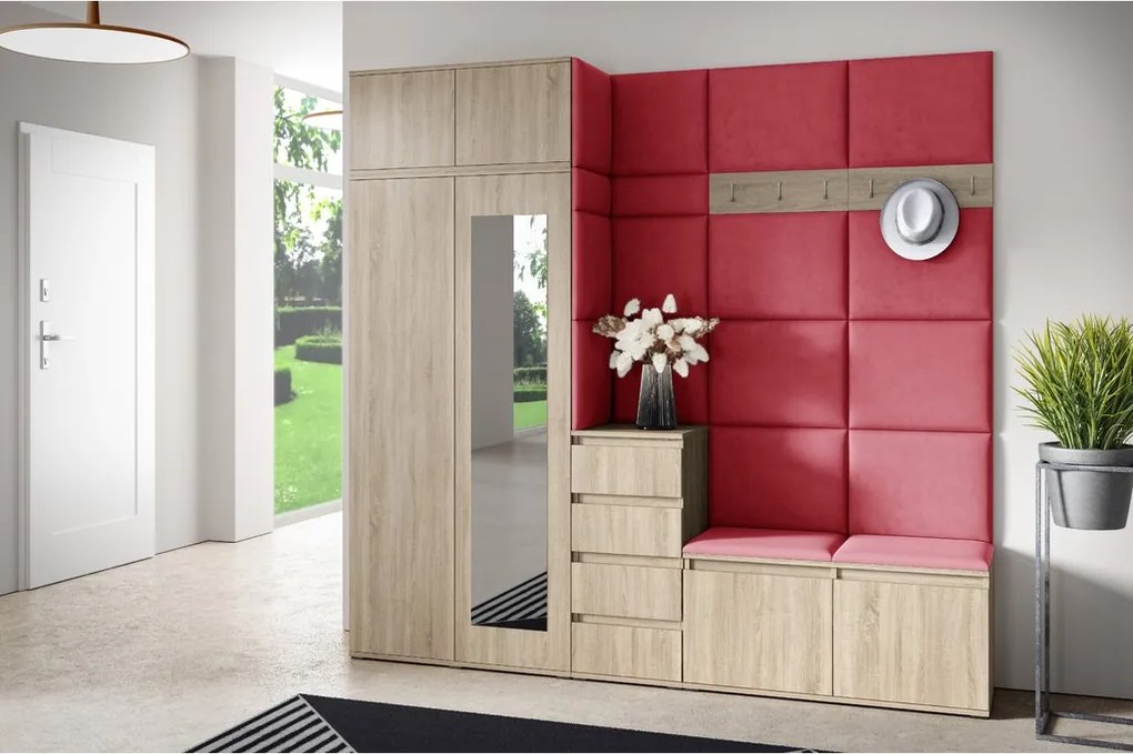 Eka Předsíňová stěna s čalouněnými panely Trinity 33 - Sonoma / Červená 2309
