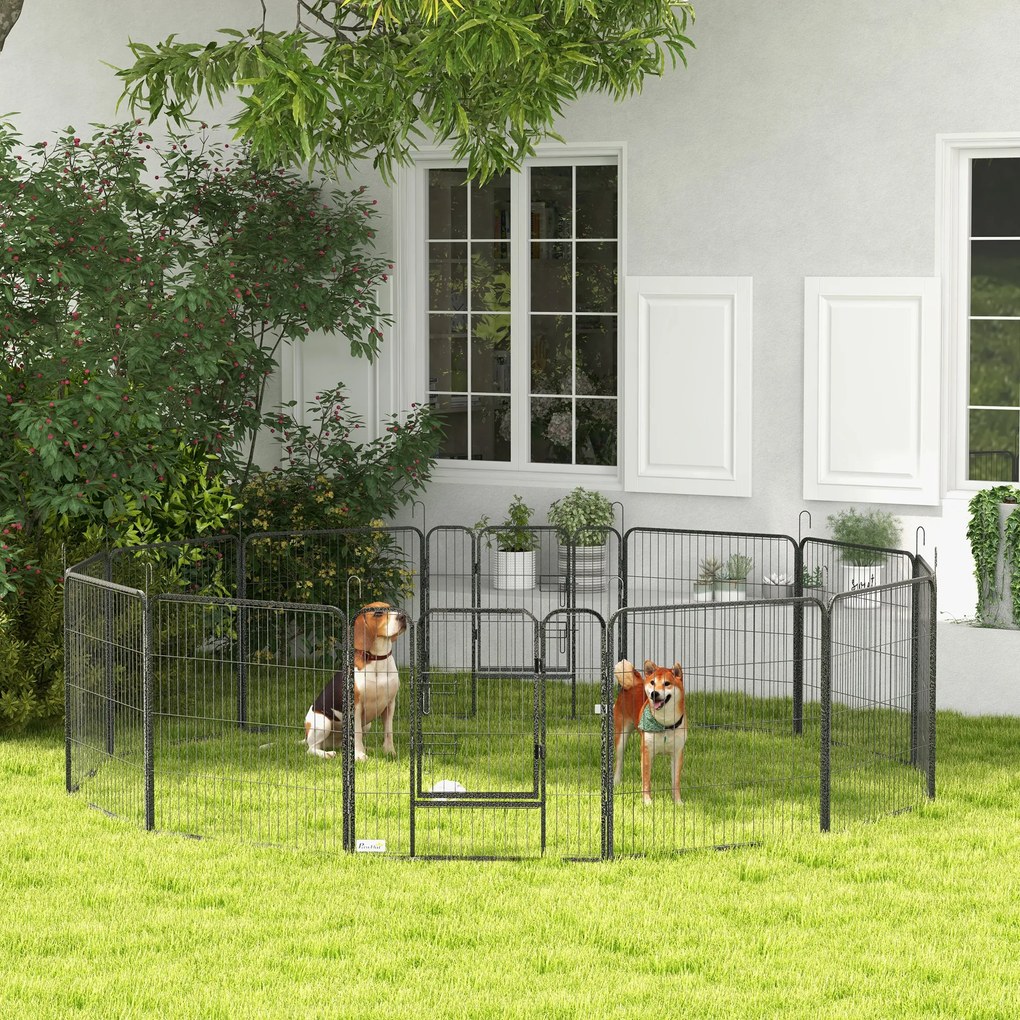 PawHut výběh pro štěňata 80 cm vysoký, 12-TLG výběh pro štěňata se 2 dvířky, DIY výběh pro střední psy, králíky, morčata, ocel, šedý