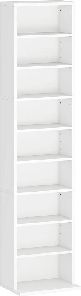 HOMCOM CD a DVD regál s 9 přihrádkami, úzký s nastavitelými policemi pro obývací pokoj a kancelář 33x24x140 cm Bílý