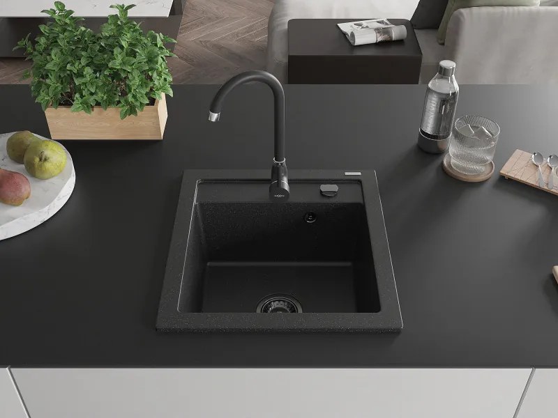 Mexen Vito, granitový dřez 520x490x210 mm, 1-komorový, černá-stříbrná metalíza s černým sifonem, 6503521000-73-B