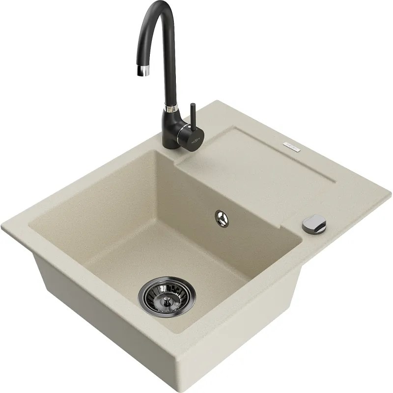 Mexen Enzo, granitový dřez 576x465x174 mm, 1-komorový, černá baterie Telma, béžová, 6506-69-670200-70