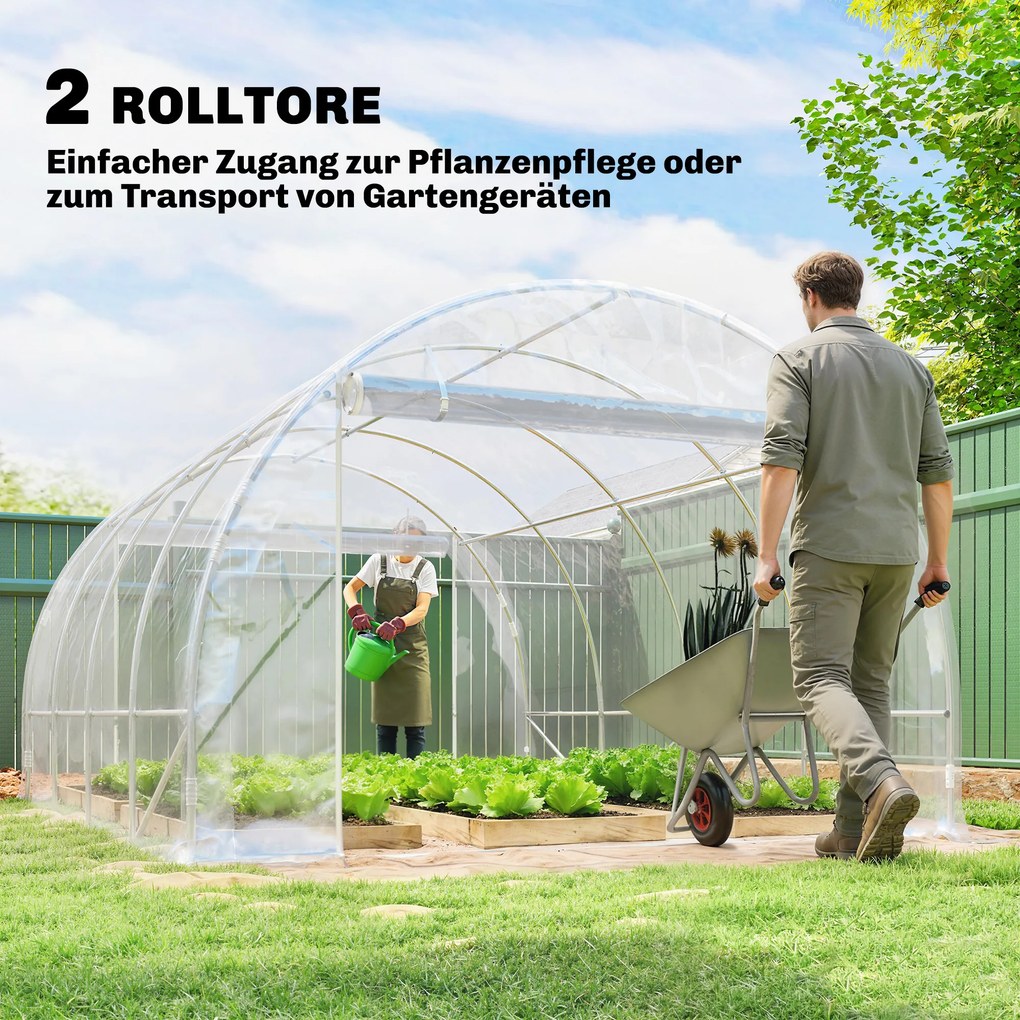 Outsunny Skleník Polytunnel, průchozí skleník s pozinkovaným ocelovým rámem a krytem z PE odolným proti UV záření, průhledný 84H-443V01CR